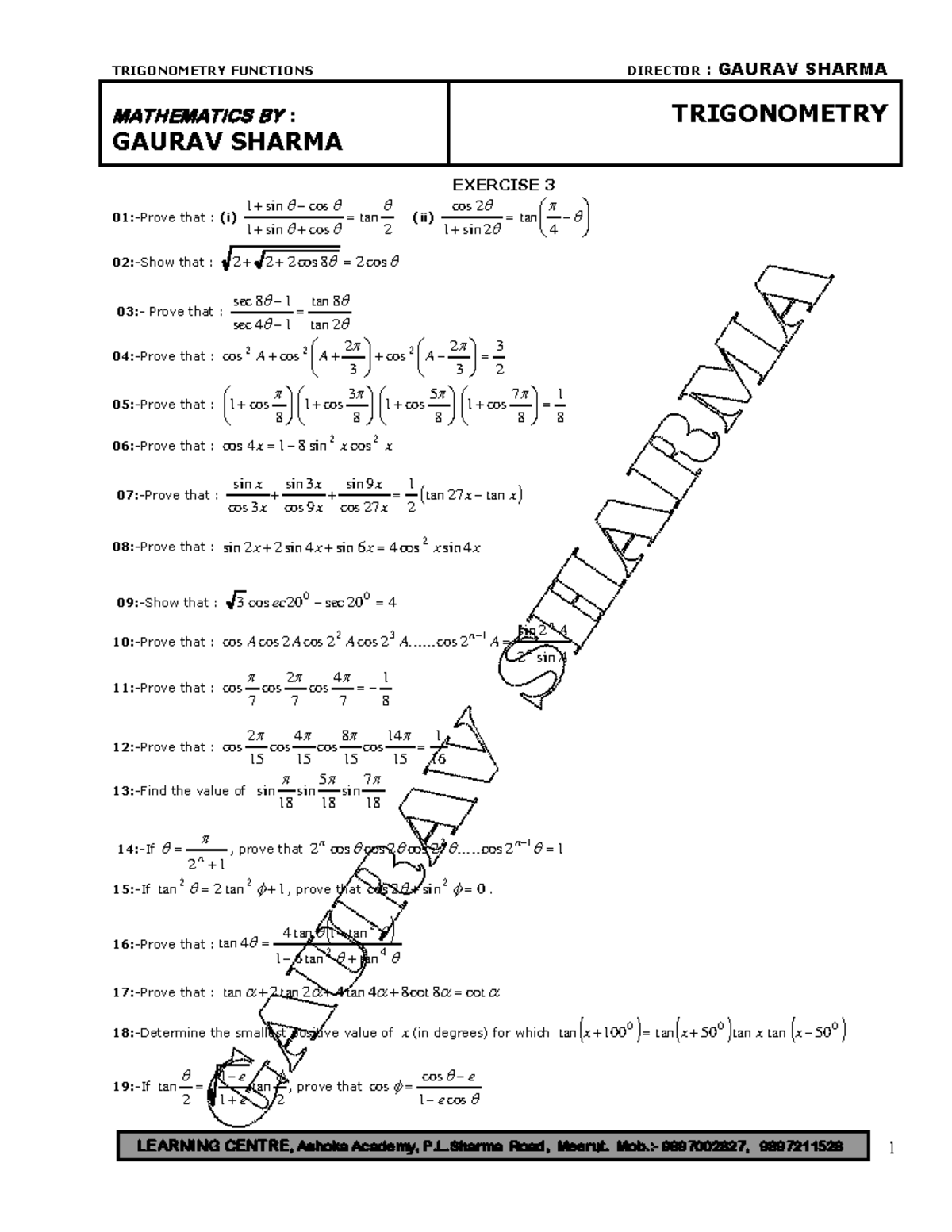 Exercise 03 Trigonometric Function (board) - TRIGONOMETRY FUNCTIONS ...