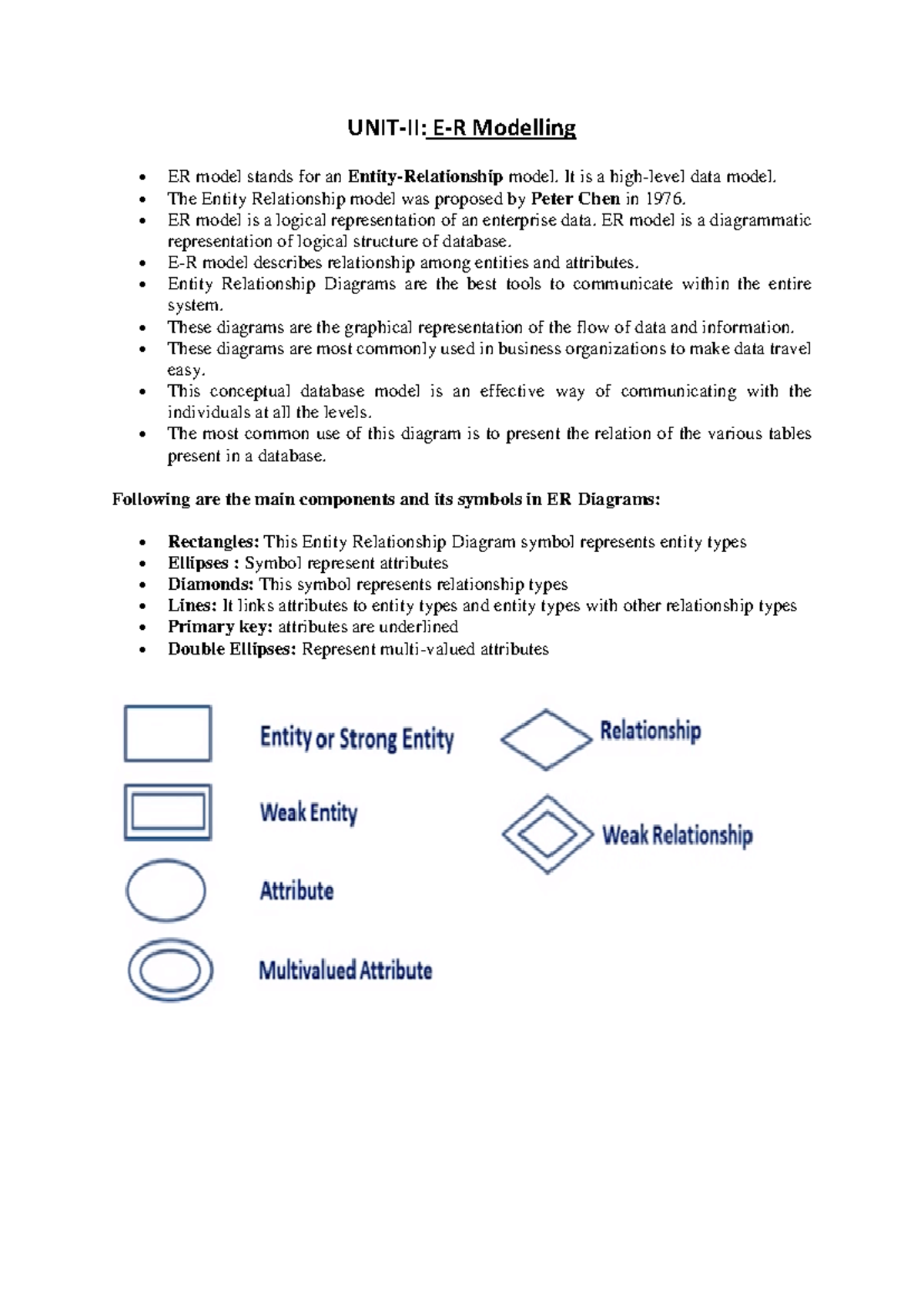 MPCS DBMS Notes Unit-II Ntrgdc - UNIT-II: E-R Modelling ER model stands ...