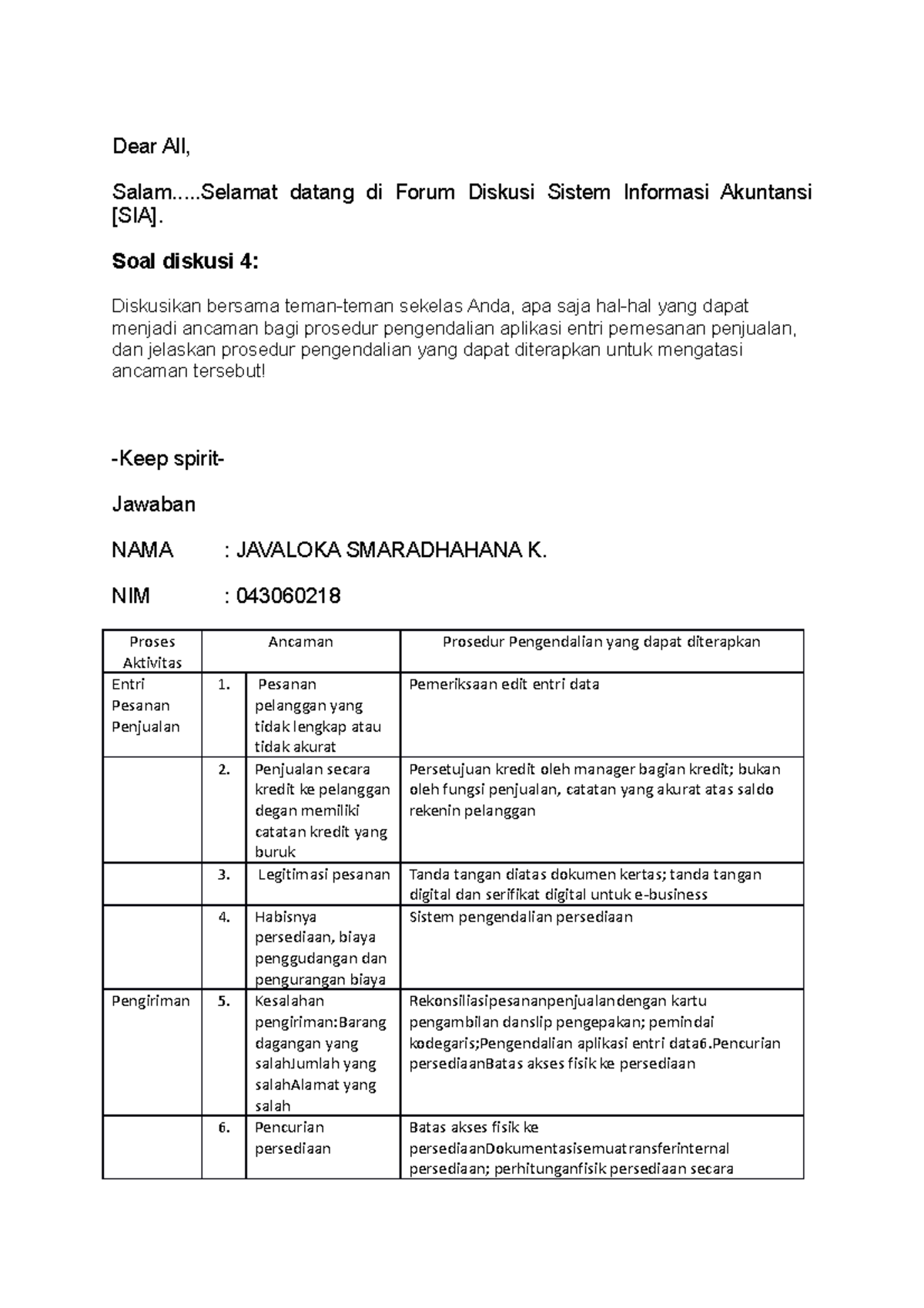 Jawaban Diskui 4 SIA 043060218 Javaloka - Dear All, Salam.... datang di Forum Diskusi Sistem ...