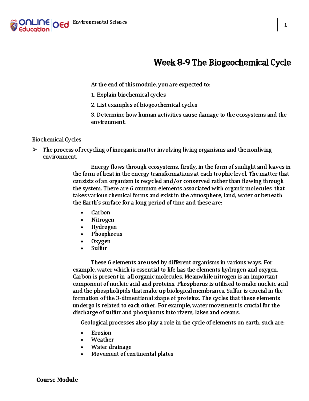 Week 7 - The Biogeochemical Cycle - Environmental Science 1 Course ...
