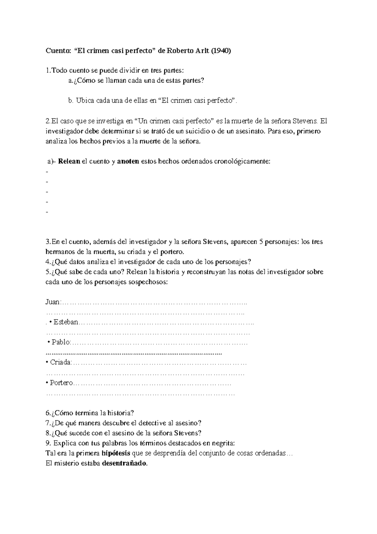 Actividades El crimen casi perfecto - Cuento: “El crimen casi perfecto ...