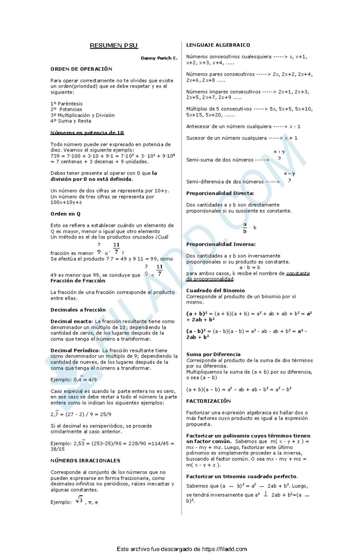 Resumen formulas Matemáticas PAES/PDT/PSU - RESUMEN PSU Danny Perich C ...