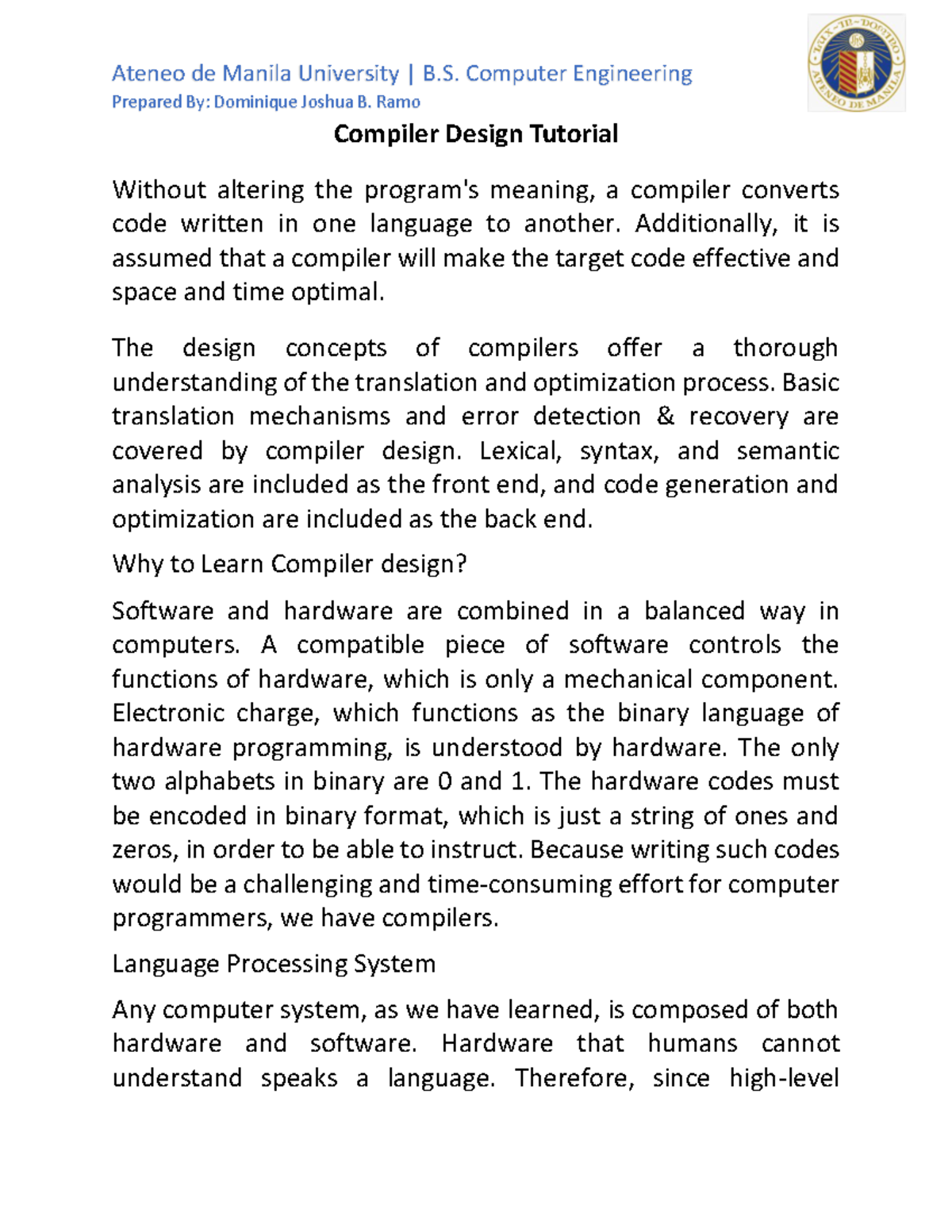 Study Guide - Compiler Design Tutorial - Prepared By: Dominique Joshua B. Ramo Compiler Design ...
