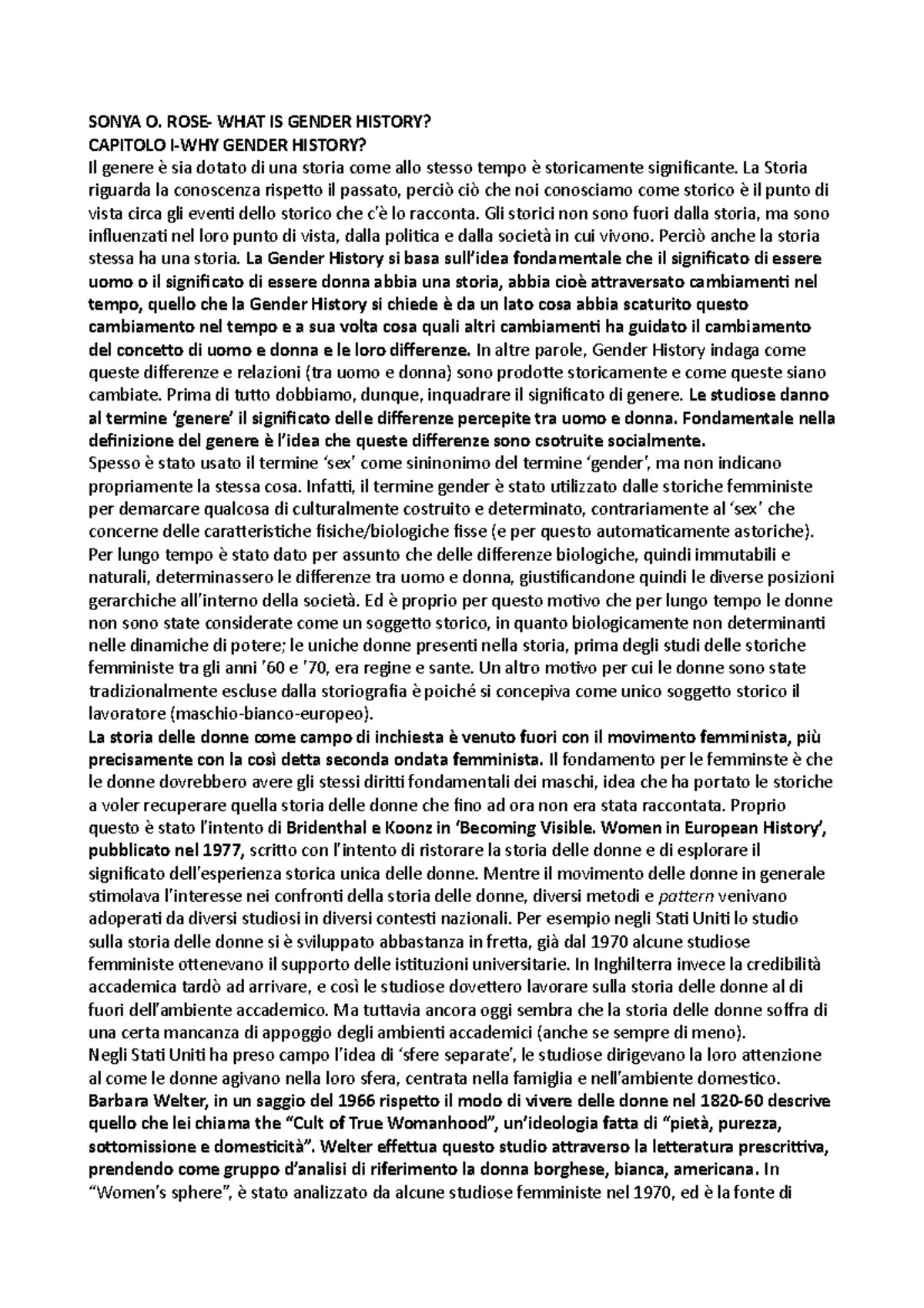 ROSE-Why Gender History? Riassunto libro - SONYA O. ROSE- WHAT IS ...