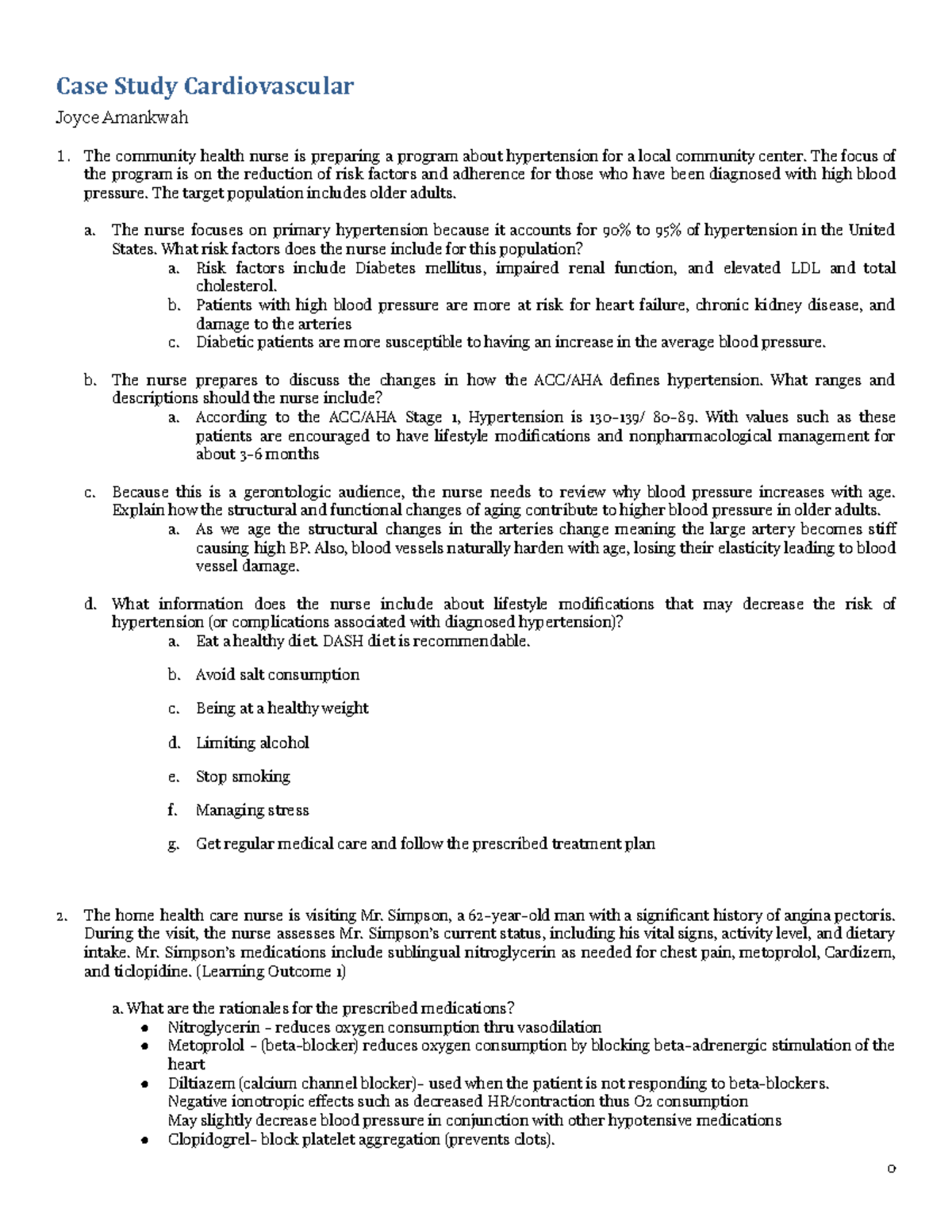 Case study Cardio - Case Study Cardiovascular Joyce Amankwah The ...