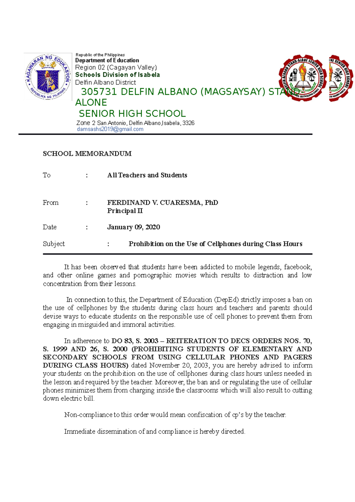 Memo prohibit cellphones - Republic of the Philippines Department of ...