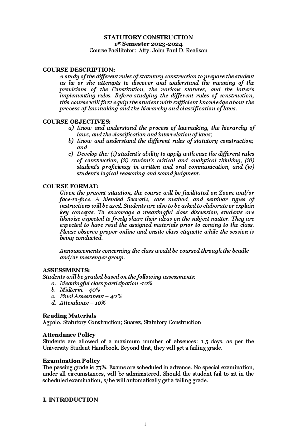 Statcon Syllabus - Fyi - STATUTORY CONSTRUCTION 1 st Semester 2023- Course Facilitator: Atty ...