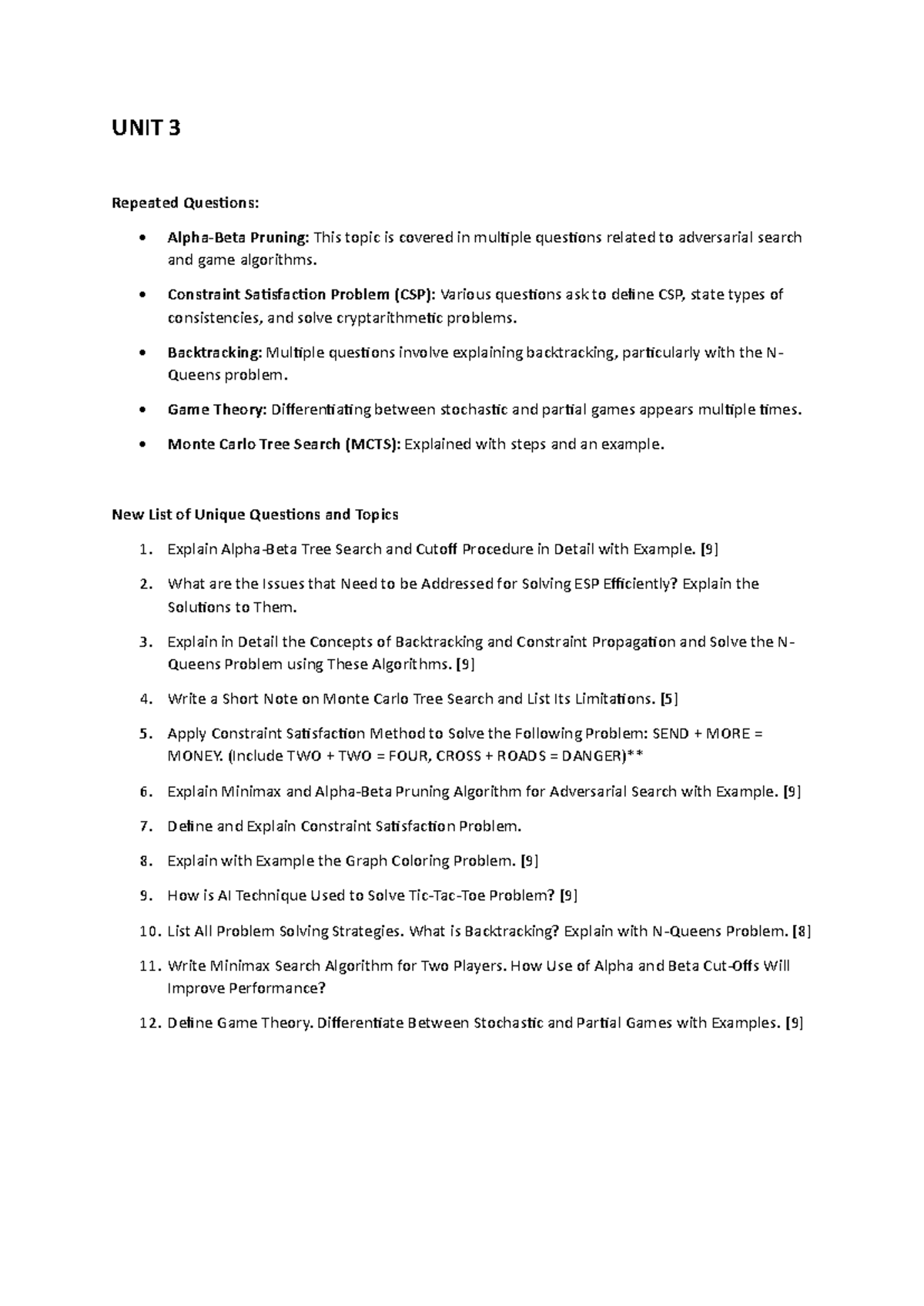 AI-PYQ - Summary Computer Aided Engineering Design - UNIT 3 Repeated QuesƟons: Alpha-Beta ...