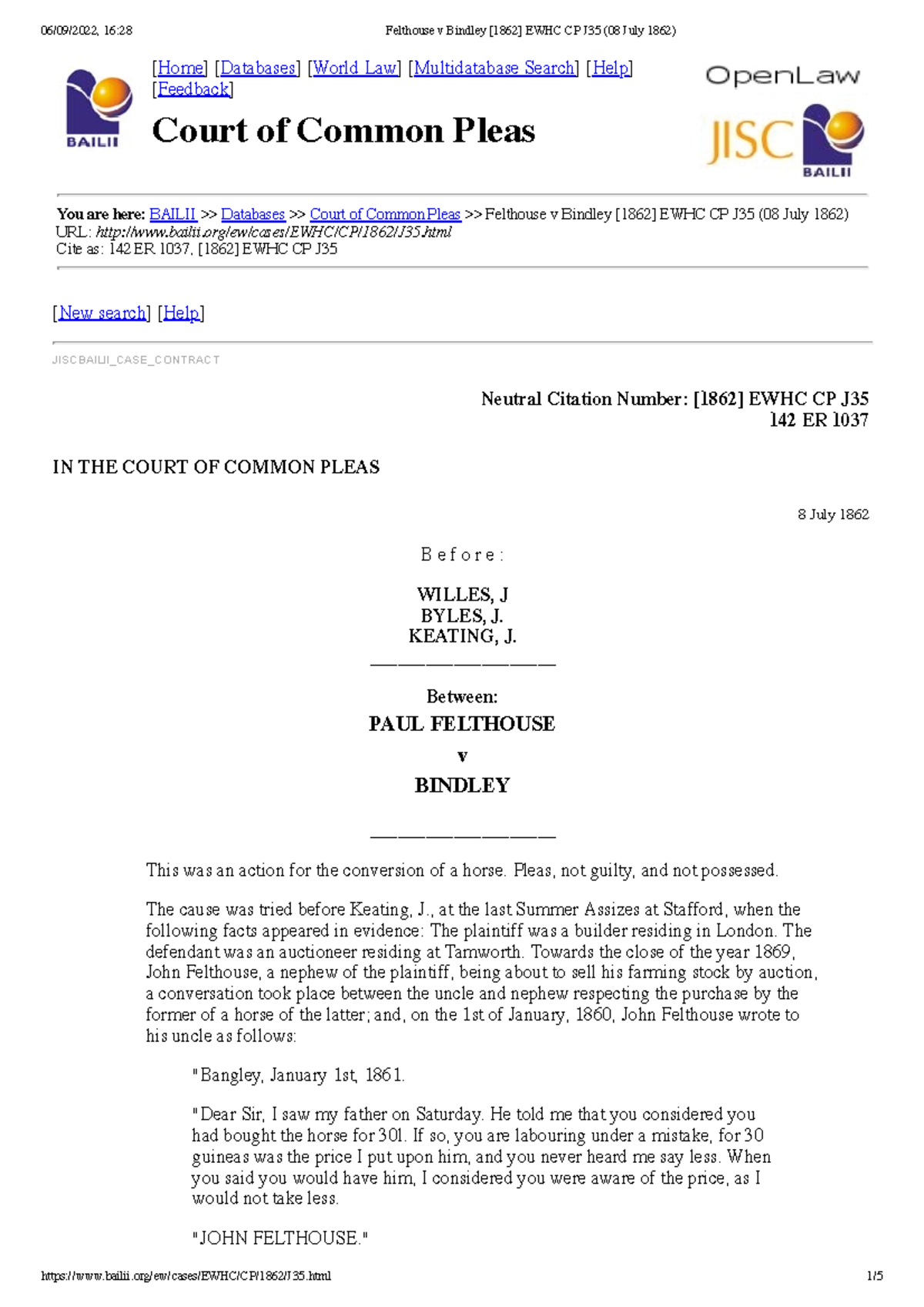 Felthouse v Bindley [1862] EWHC CP J35 (08 July 1862) - [Home ...