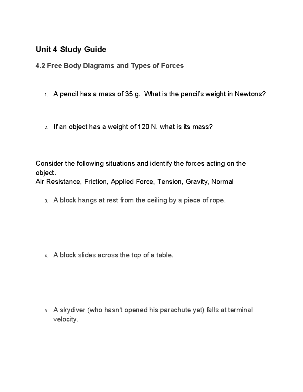 4.1 Study Guide-1 - Final - Unit 4 Study Guide 4 Free Body Diagrams and ...