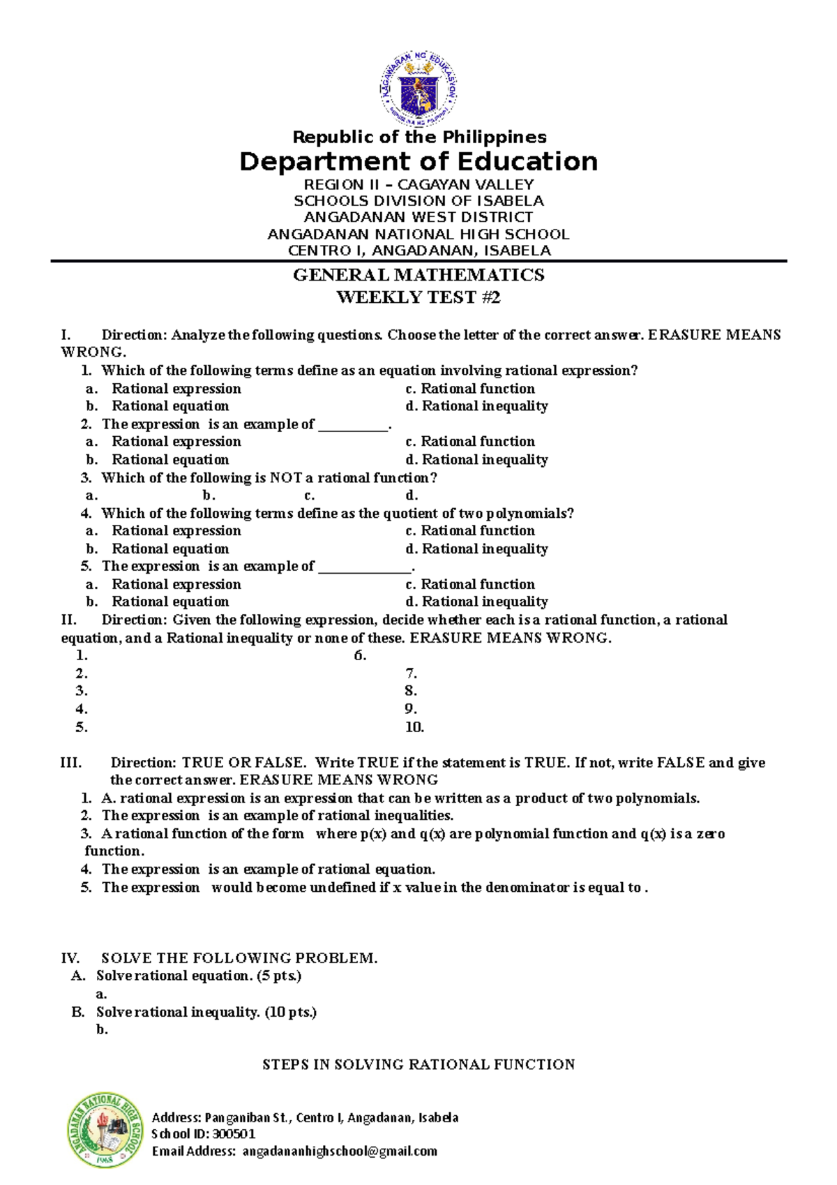 Weekly test - TEST - Republic of the Philippines Department of ...