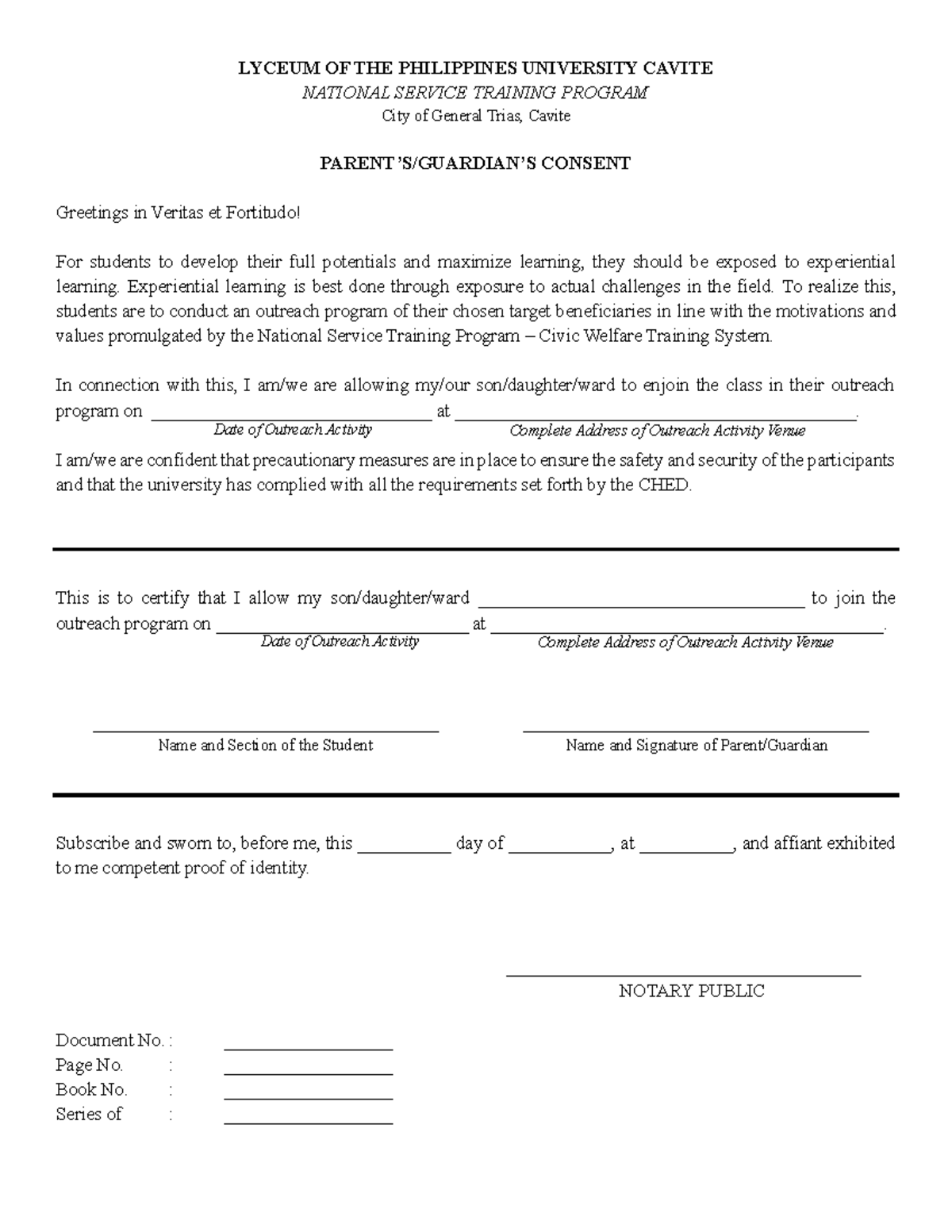 NSTP Outreach Activity (Waiver & Consent) - LYCEUM OF THE PHILIPPINES UNIVERSITY CAVITE NATIONAL ...