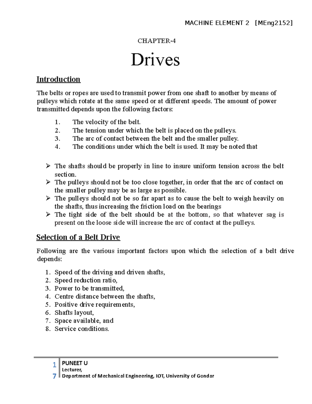 Chapter-4 Drives - note - 1 PUNEET U Lecturer, Department of Mechanical ...