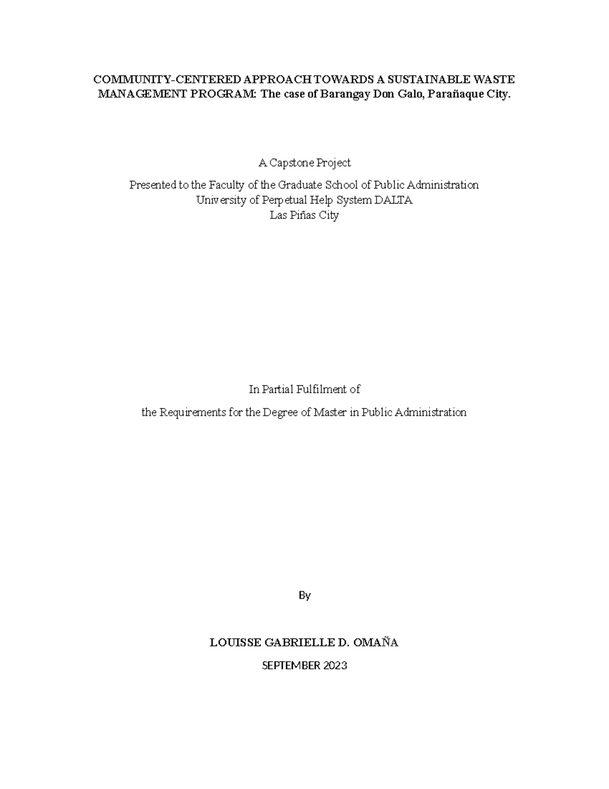 Community- Centered Approach Towards A Sustainable Waste Management Program - COMMUNITY-CENTERED ...