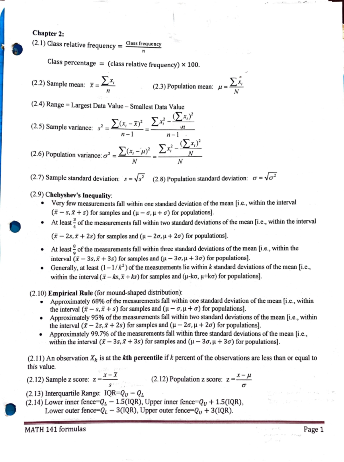 Stats Formulas - ·• • • Chapter 2: (2) Class relative frequency = Class ...