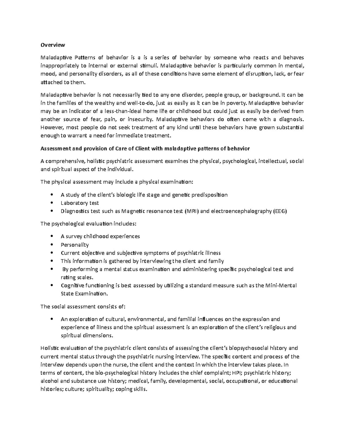 Assessment and Provision of Care of Client with Maladaptive Patterns of Behavior - Overview ...