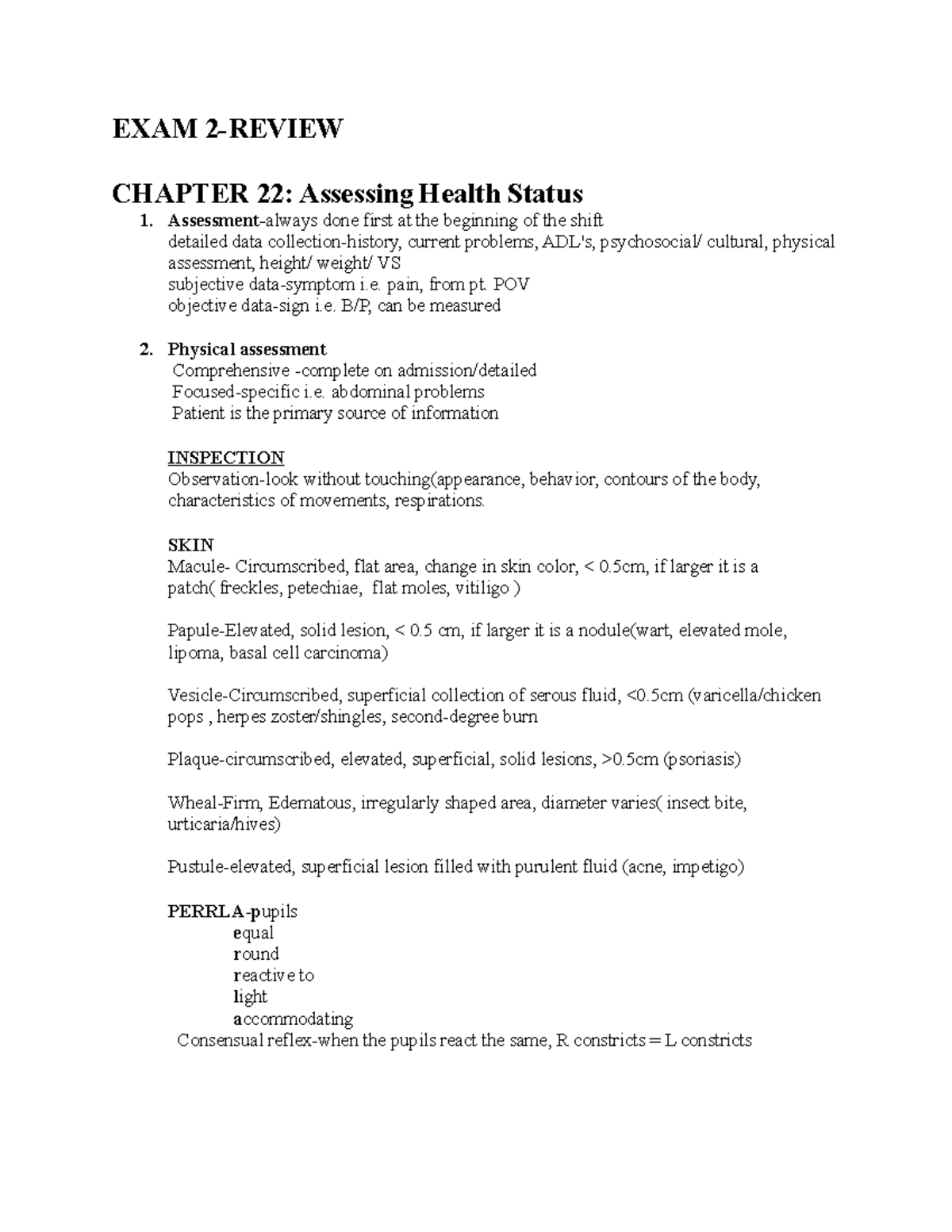 Fundamentals EXAM 2 review - EXAM 2-REVIEW CHAPTER 22: Assessing Health ...