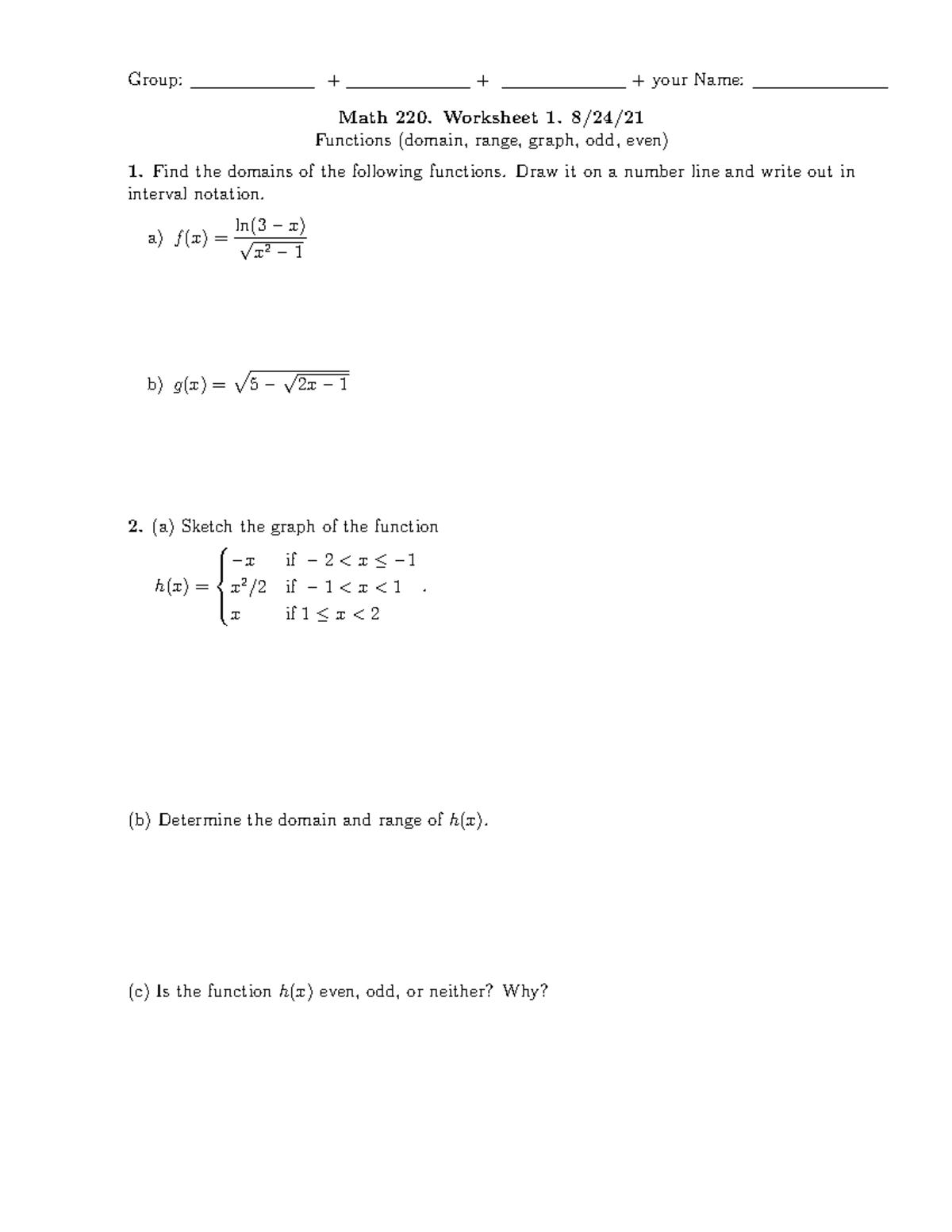 WS01 - Worksheet - Group: + + + your Name: Math 220. Worksheet 1. 8/24 ...