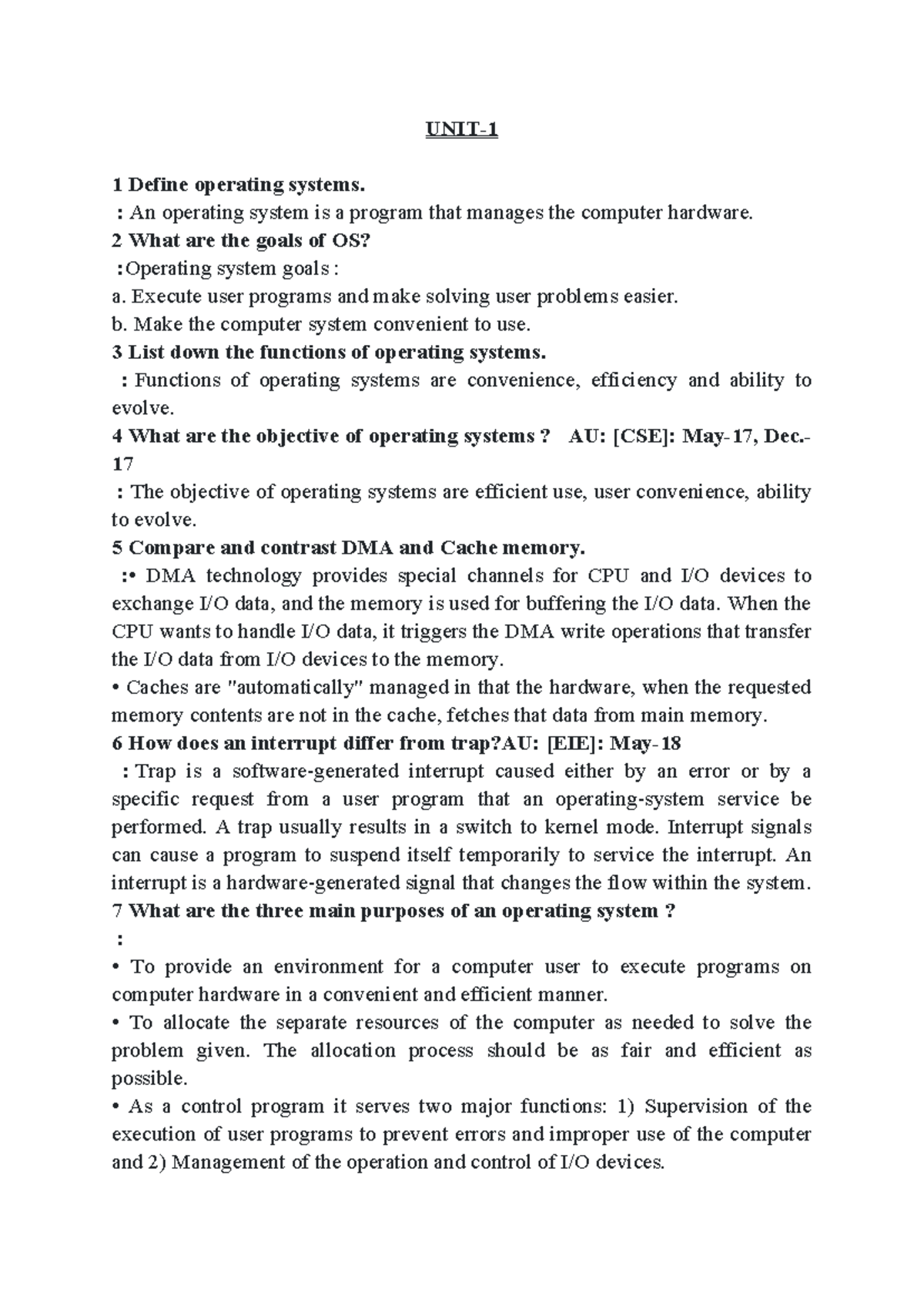 OS TWO Marks - Operating System two unit 2 mark questions - UNIT- 1 Define operating systems ...