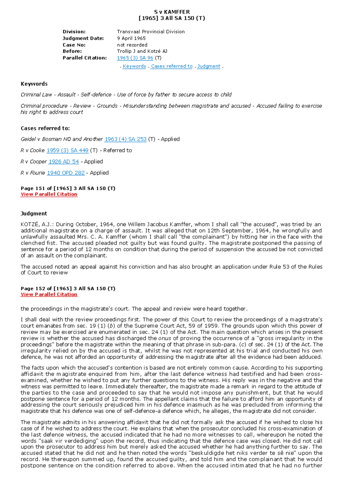 S v Kamffer [1965] 3 All SA 150 (T) - S v KAMFFER [1965] 3 All SA 150 ...