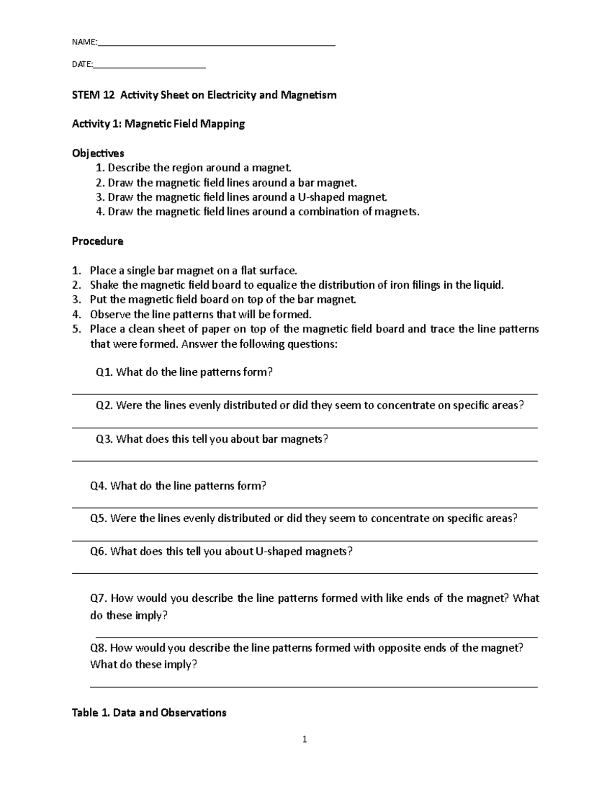 Activity 1 - Magnetic Field Mapping - NAME