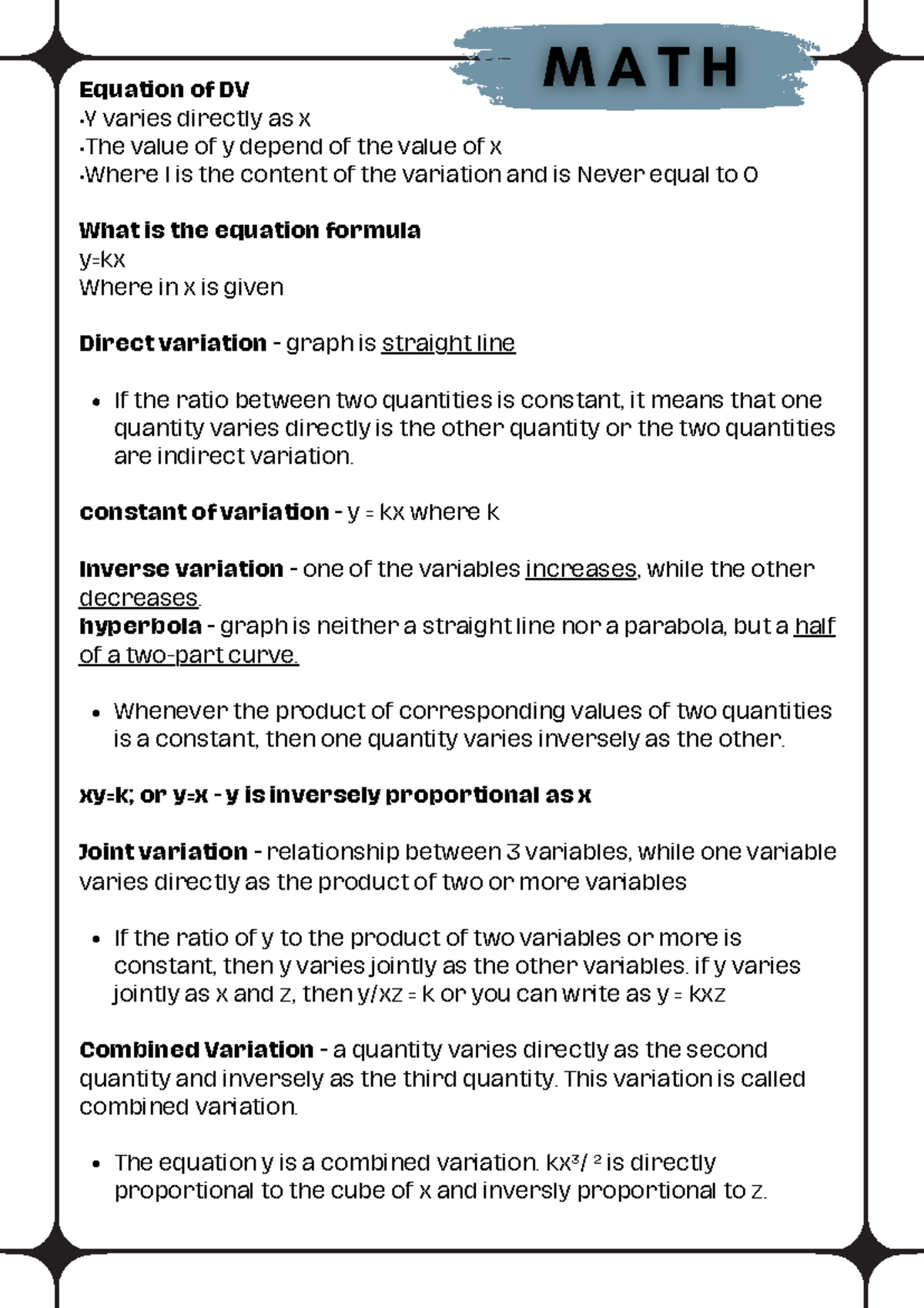 Grade 9 - Quarter 2 (math and sci) - Equation of DV •Y varies directly ...