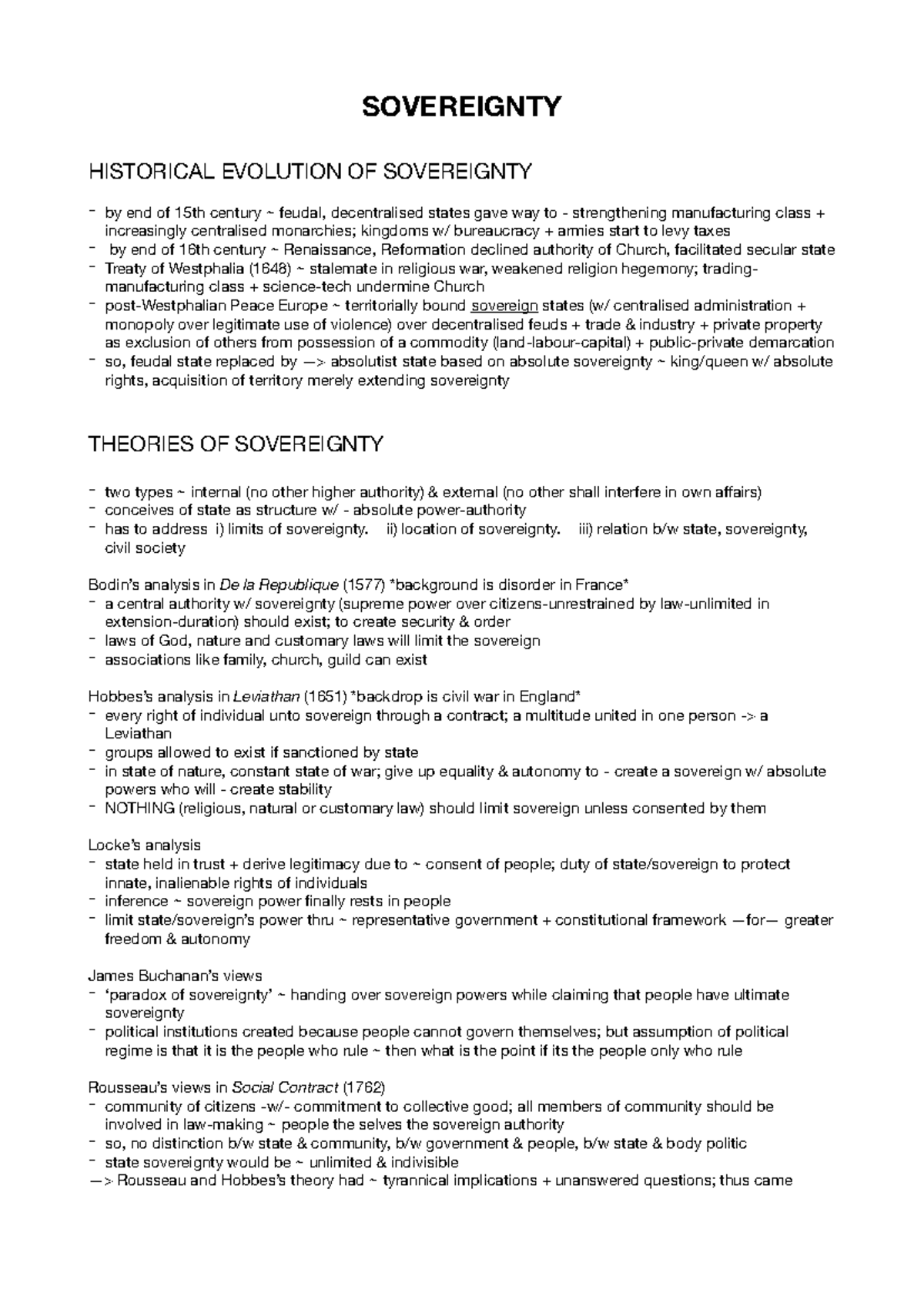 Sovereignty - Notes - SOVEREIGNTY HISTORICAL EVOLUTION OF SOVEREIGNTY ...