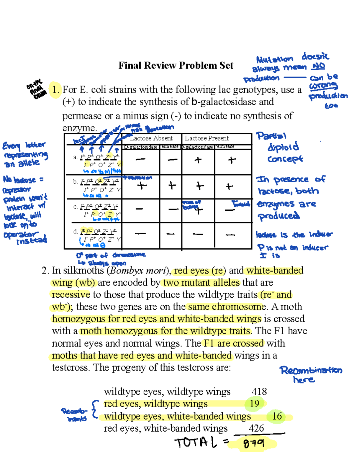 Final review problem set - Final Review Problem Set 1. For E. coli ...