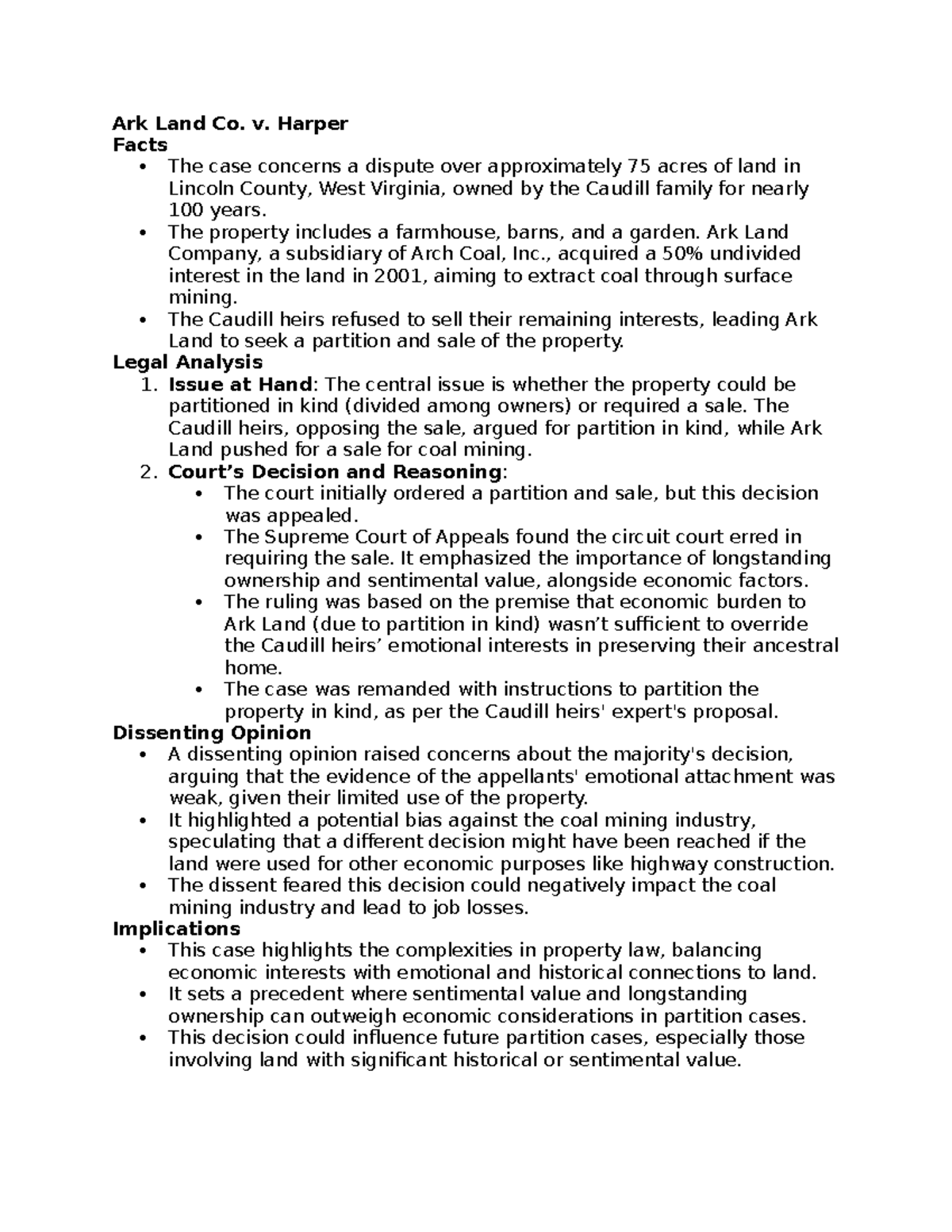 Ark Land Co - Case brief - Ark Land Co. v. Harper Facts The case ...