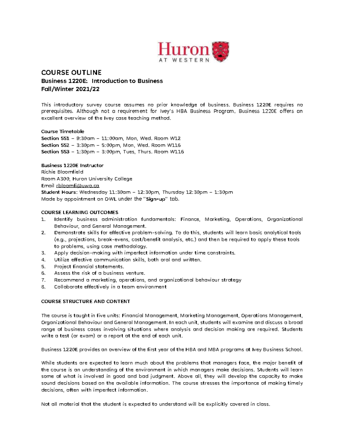 Introduction to Business 1220 E Syllabus - COURSE OUTLINE Business ...