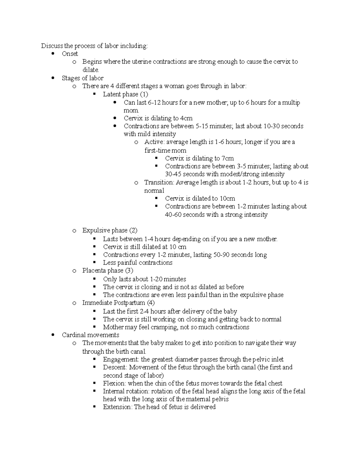 PCA week 2 Obstetrics - Discuss the process of labor including: Onset o ...