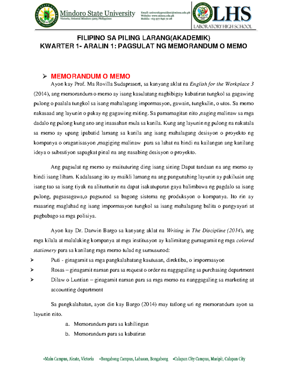 Pagsulat NG Memorandum Lektyur - FILIPINO SA PILING LARANG(AKADEMIK ...