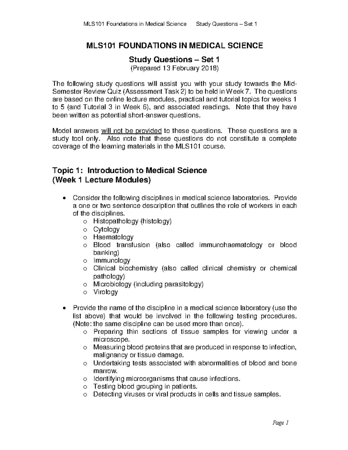 MLS101 Study Qs Set1 2018 - MLS101 Foundations in Medical Science Study ...