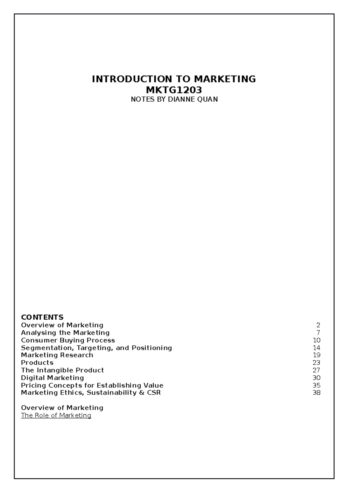 Introduction TO Marketing Notes - INTRODUCTION TO MARKETING MKTG NOTES ...