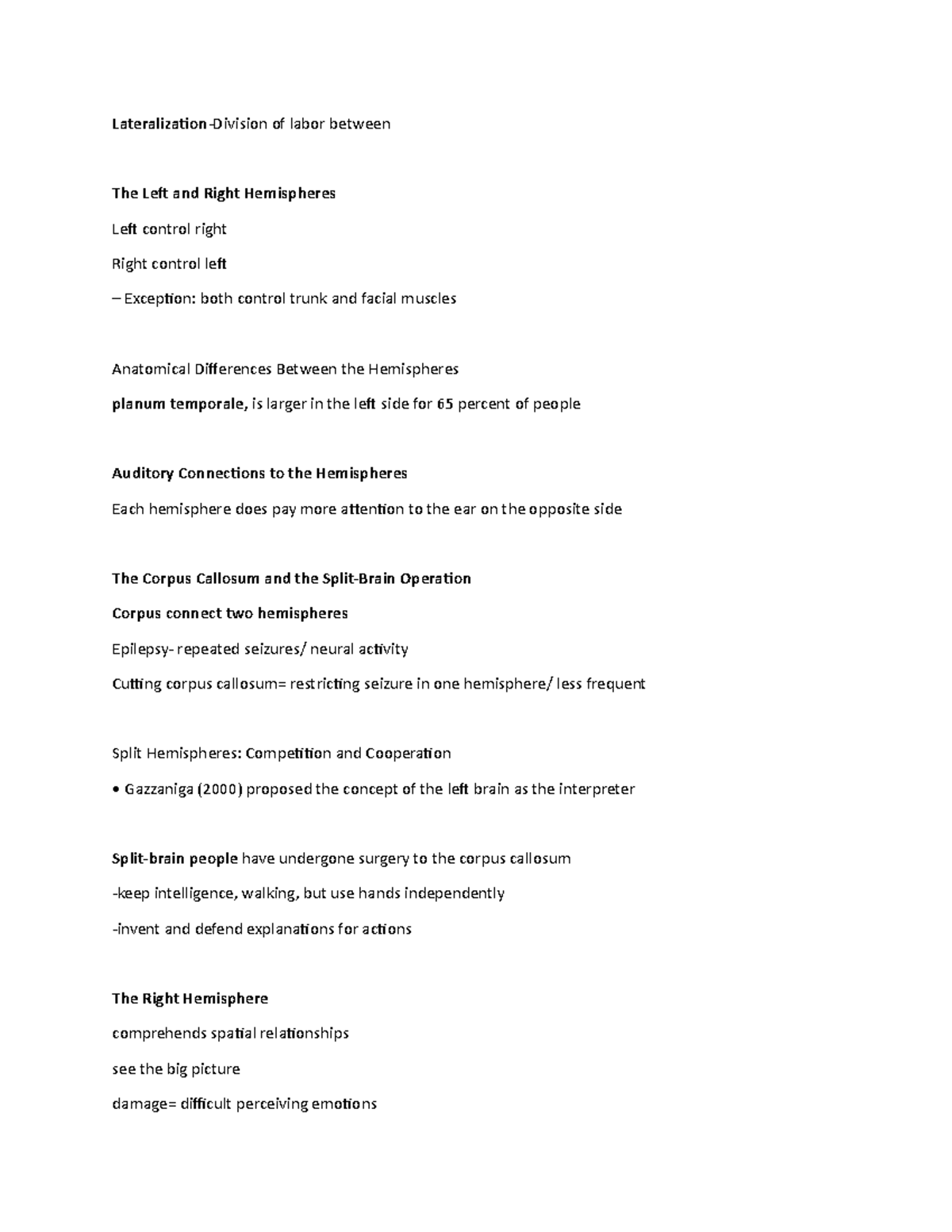 Lateralization - Lecture notes N/A - Lateralization -Division of labor ...