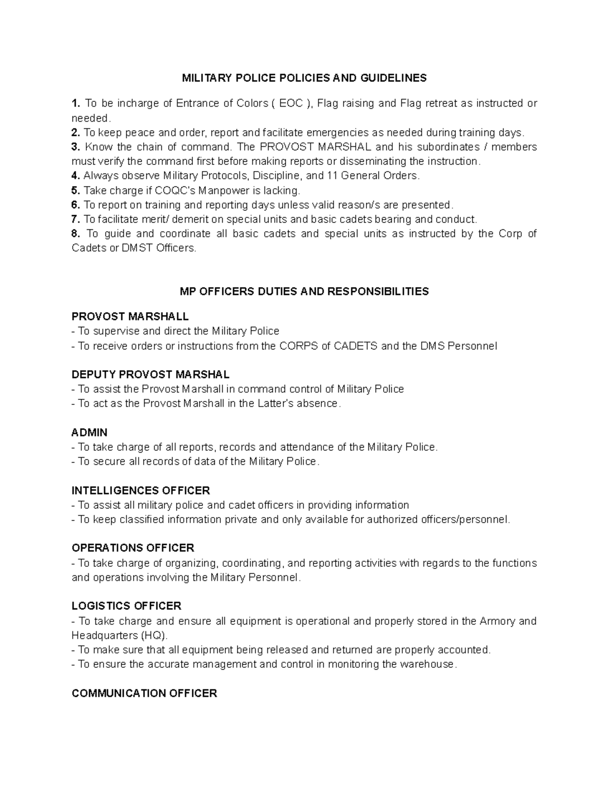 Military Police Duties AND Responsibilities 23 1 - MILITARY POLICE ...