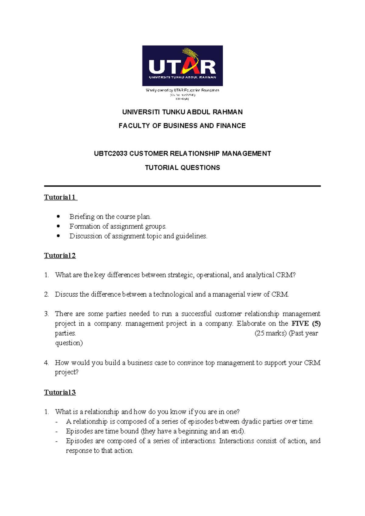 Tutorial Questions - UNIVERSITI TUNKU ABDUL RAHMAN FACULTY OF BUSINESS ...