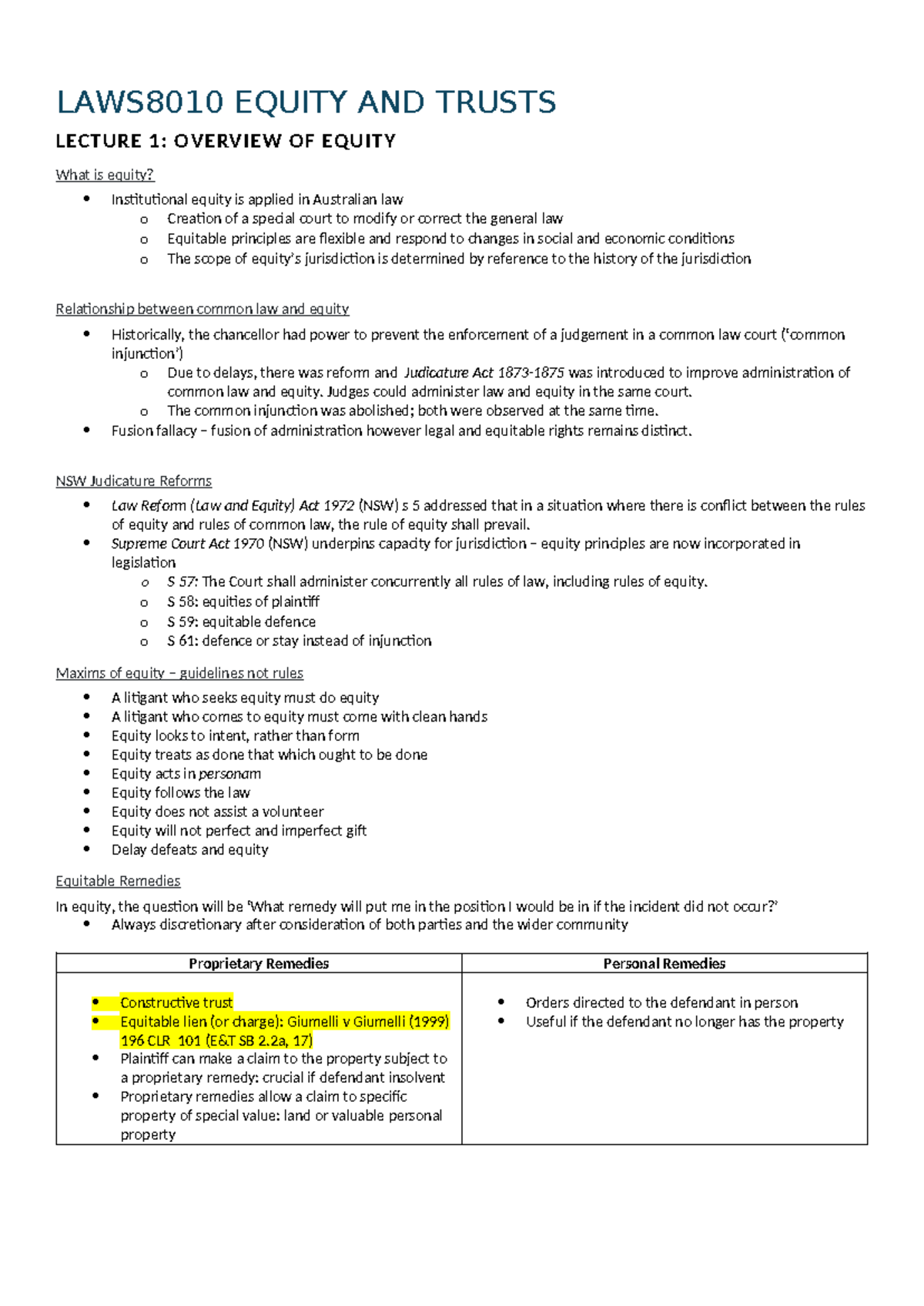 LAWS8010 Equity AND Trusts notes - LAWS8010 EQUITY AND TRUSTS LECTURE 1 ...
