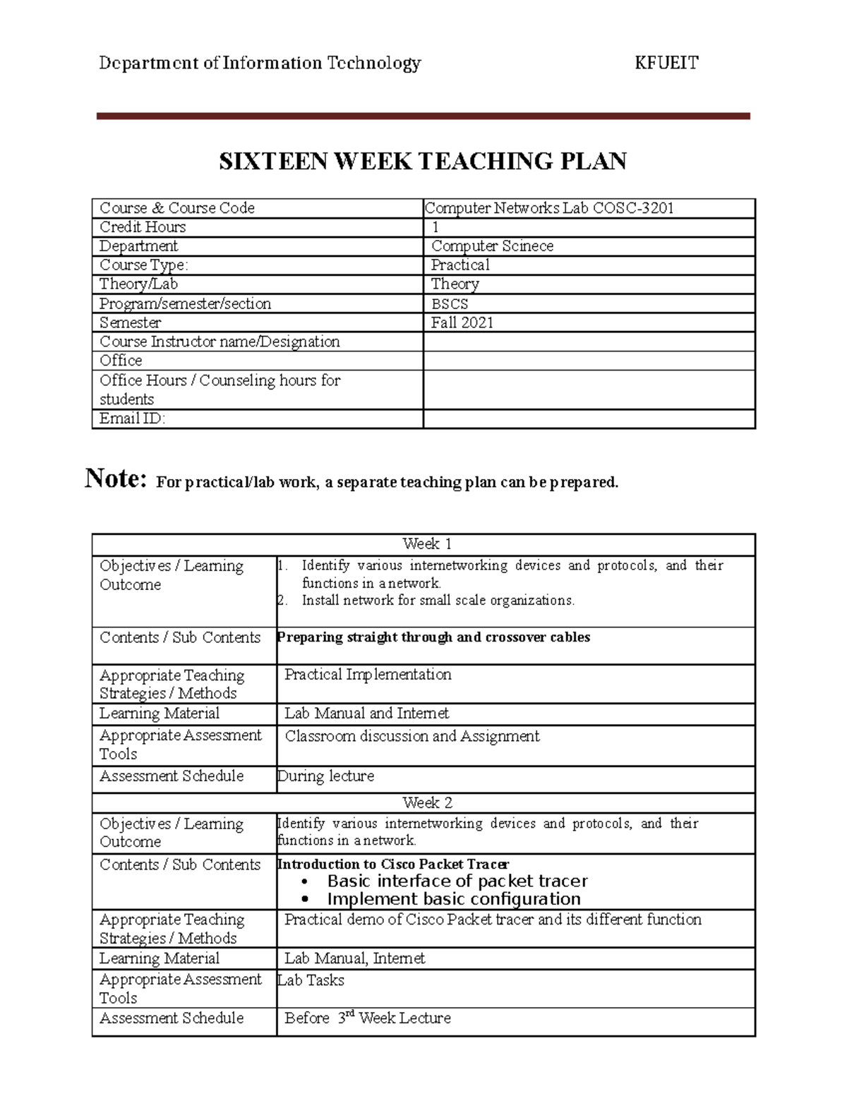 Cosc 3201 Computer Networks Lab Sixteen Week Teaching Plan Course And Course Code Computer
