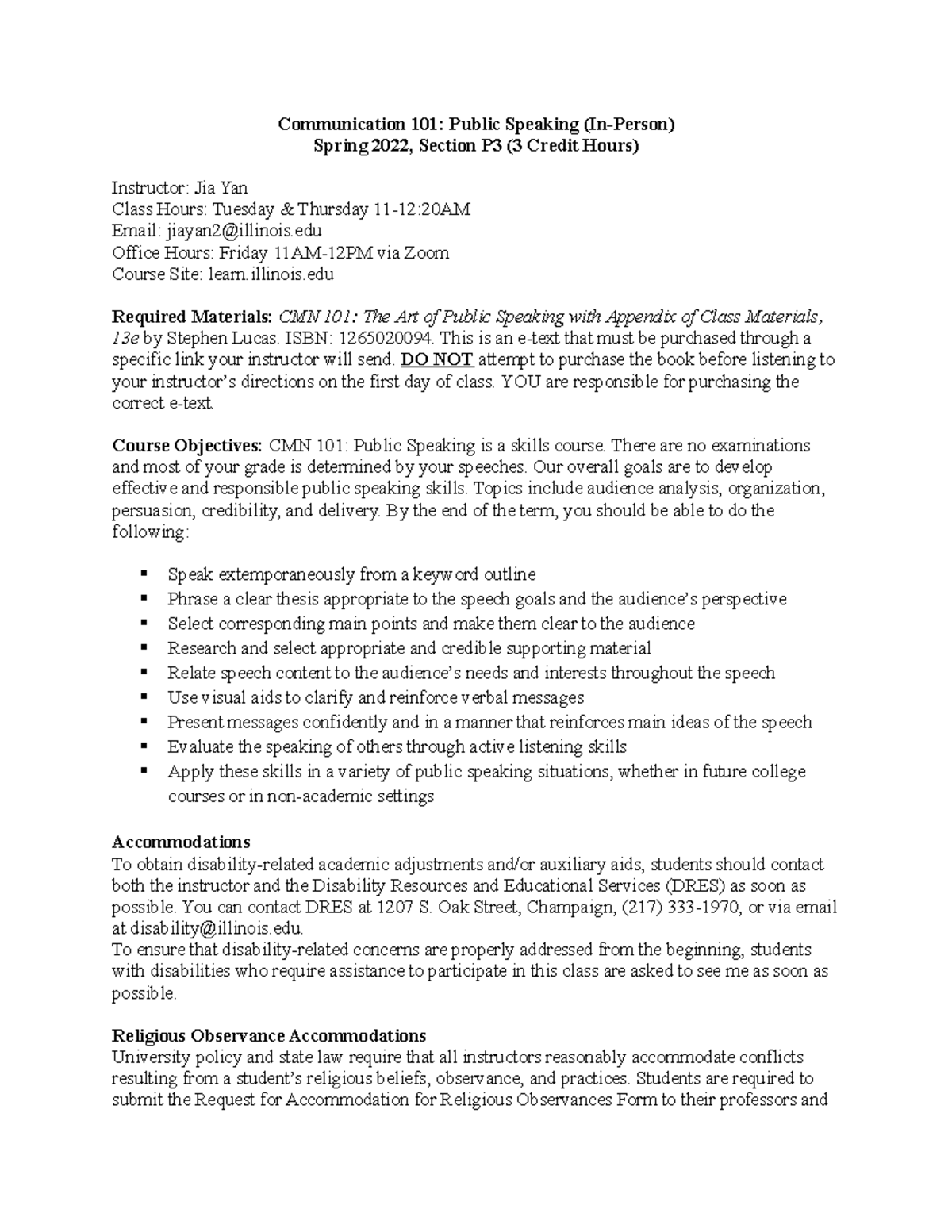 CMN101 Syllabus P3 for class, very important - Communication 101 ...