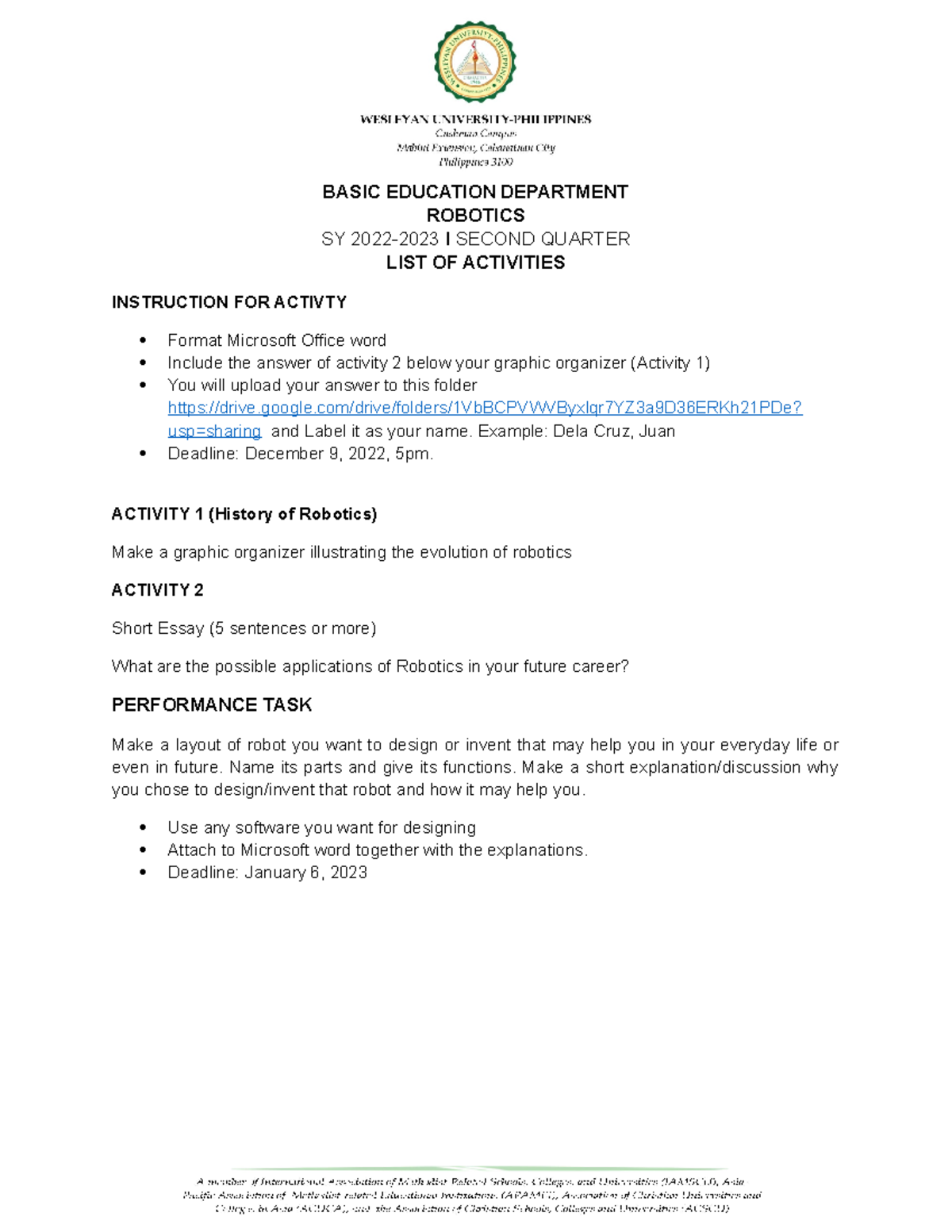 Robotics Activity - None, thanks - BASIC EDUCATION DEPARTMENT ROBOTICS ...