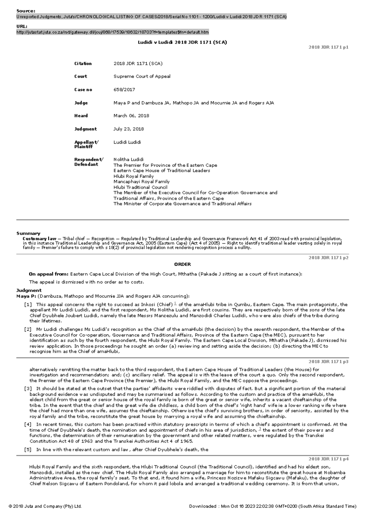 Ludidi v Ludidi 2018 JDR 1171 (SCA) - Source: Unreported Judgments ...