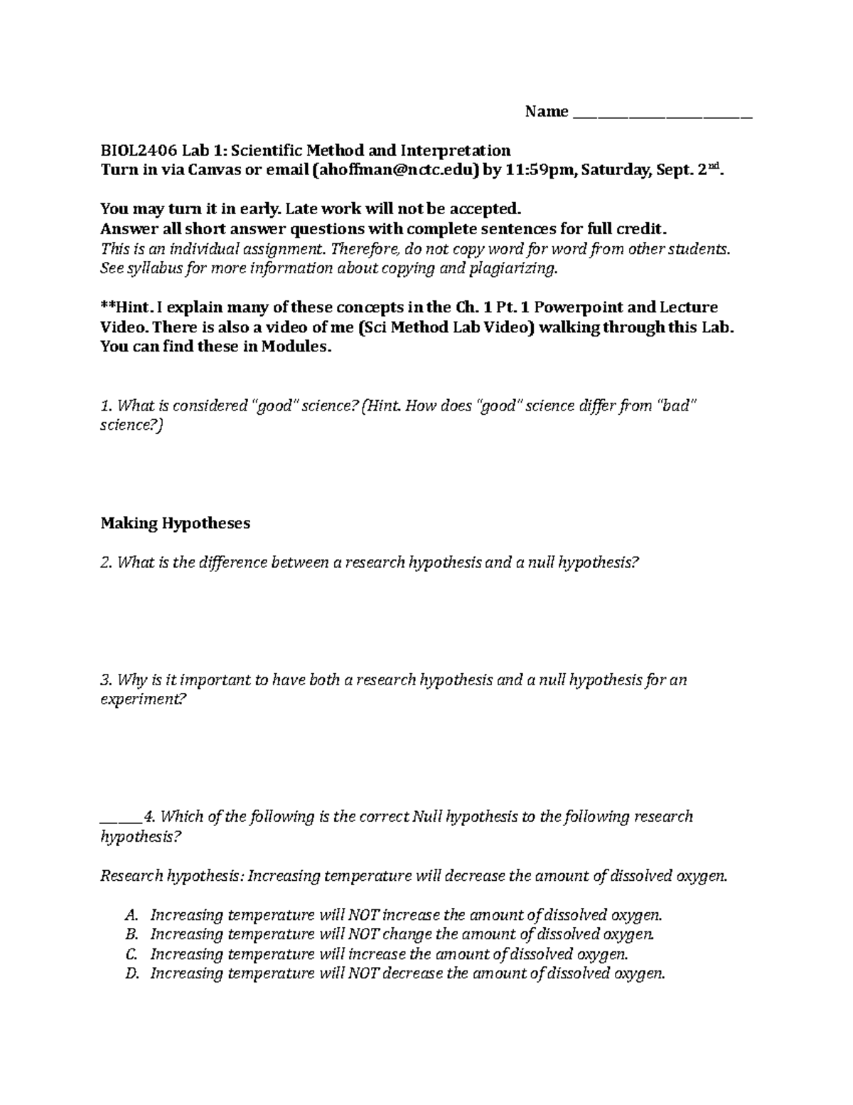 ENV Sci Method Lab F23 - Name _____________________________ BIOL2406 Lab 1: Scientific Method ...