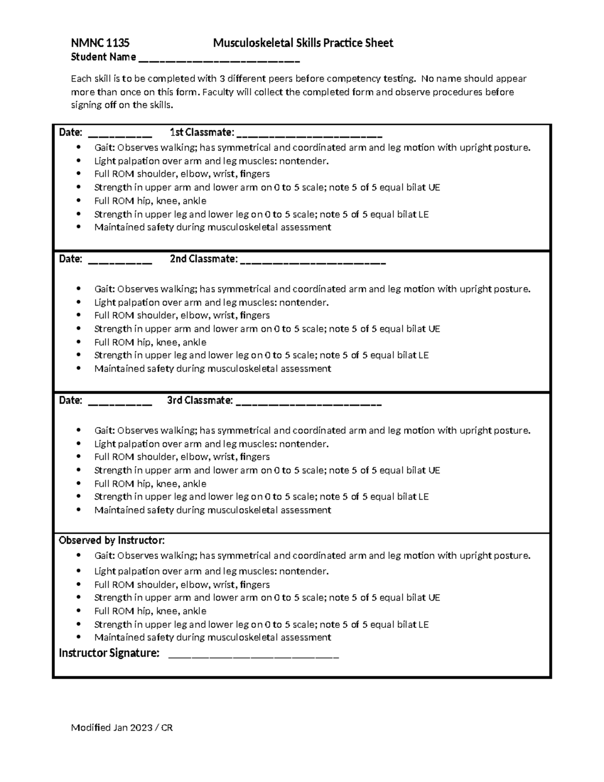 Musculoskeletal assessment Checklist Spr 23 - NMNC 1135 Musculoskeletal ...