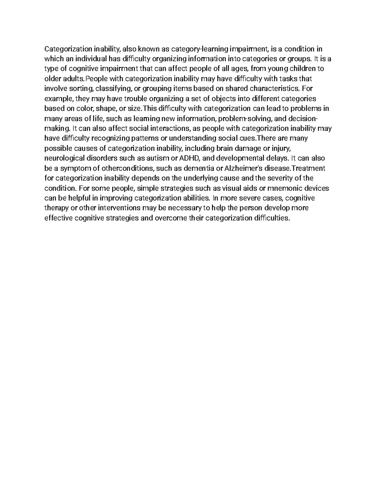 Categorization inability - It is a type of cognitive impairment that ...