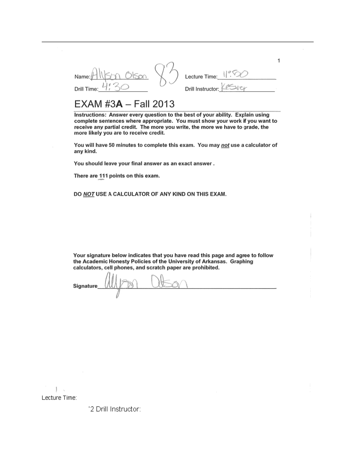 Pre-cal exam 3 - Exam 3 - Lecture Time: ‘2 Drill Instructor: Drill Time ...