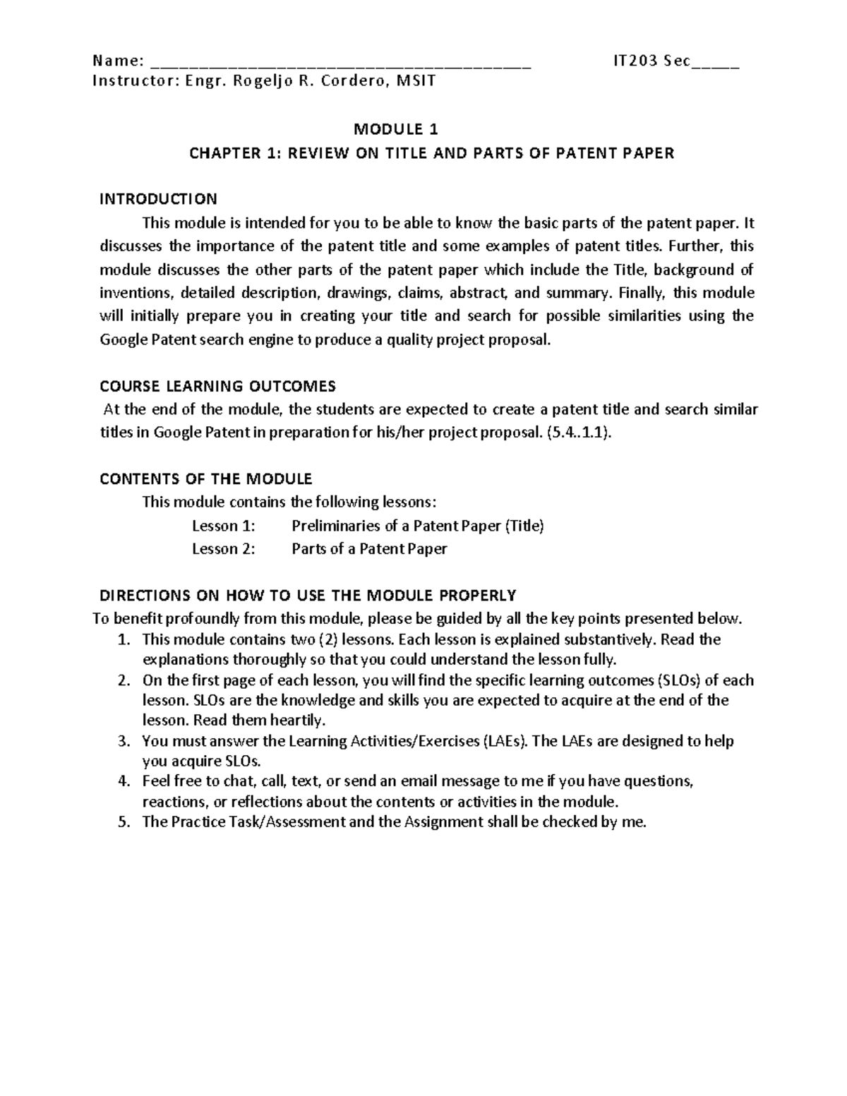 Module-1 IT 203 - it gives more knowledge - Name: Instructor: Engr ...