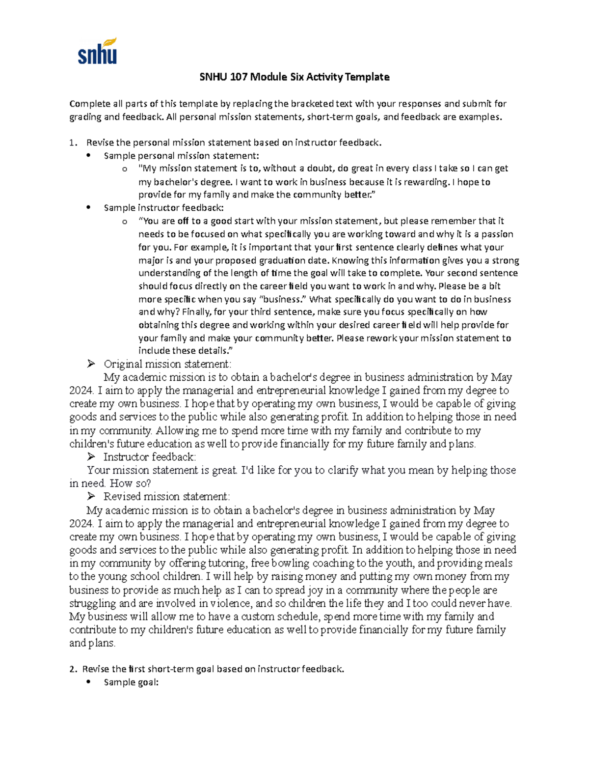 SNHU 107 Module Six Activity - All personal mission statements, short ...