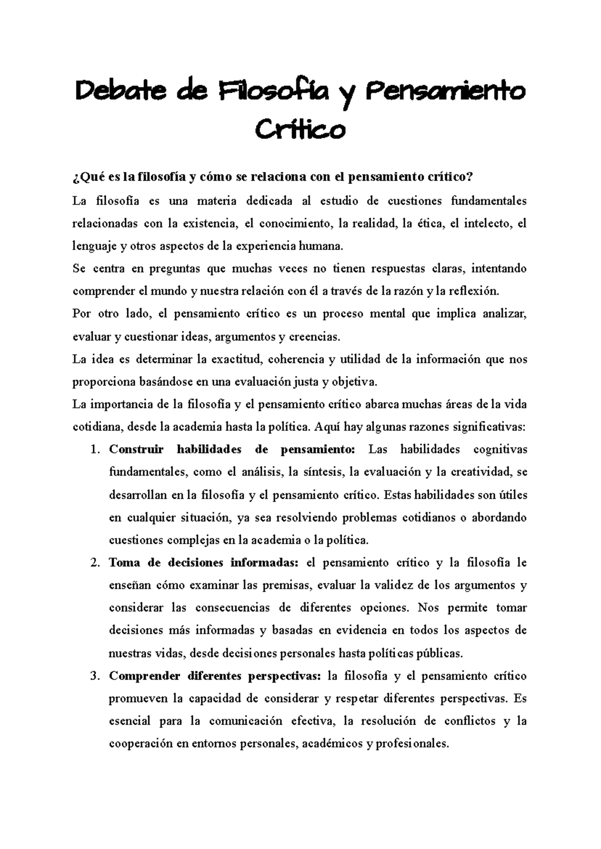 Debate de Filosofía y Pensamiento Crítico - Debate de Filosofía y ...