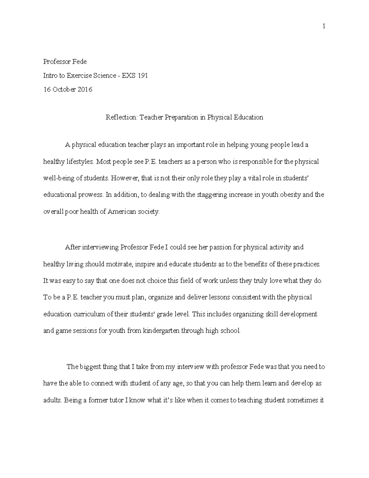 Reflection - Teacher Preparation in Physical Education - 1 Professor ...